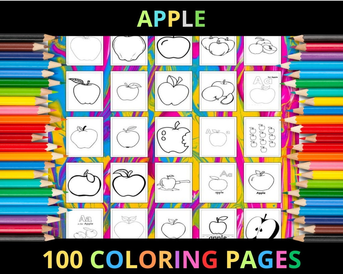 Printable Apple Coloring Pages for Kids and Adults 100 Pages Instant ...