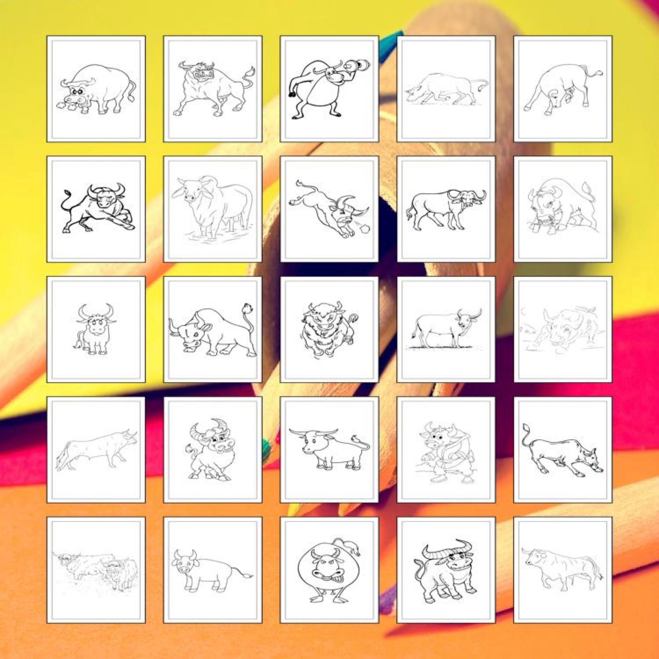 Printable Bull Coloring Pages for Kids & Adults | 40 Pages | Instant ...