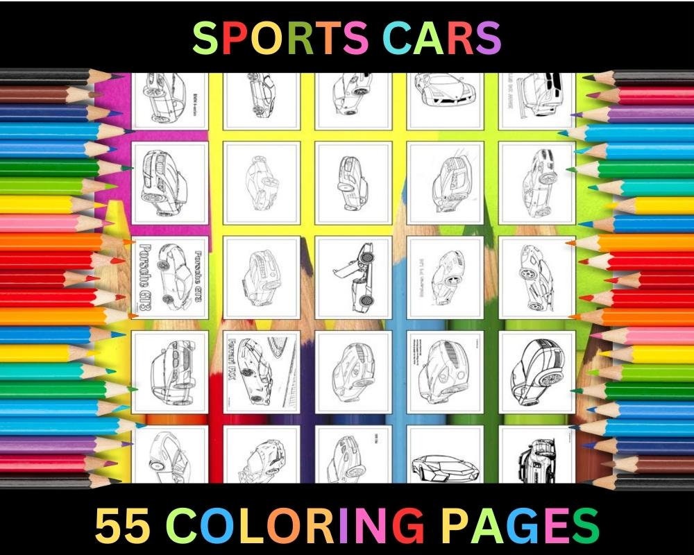 Printable Sports Cars Coloring Pages for Kids & Adults 55 Pages Instant ...