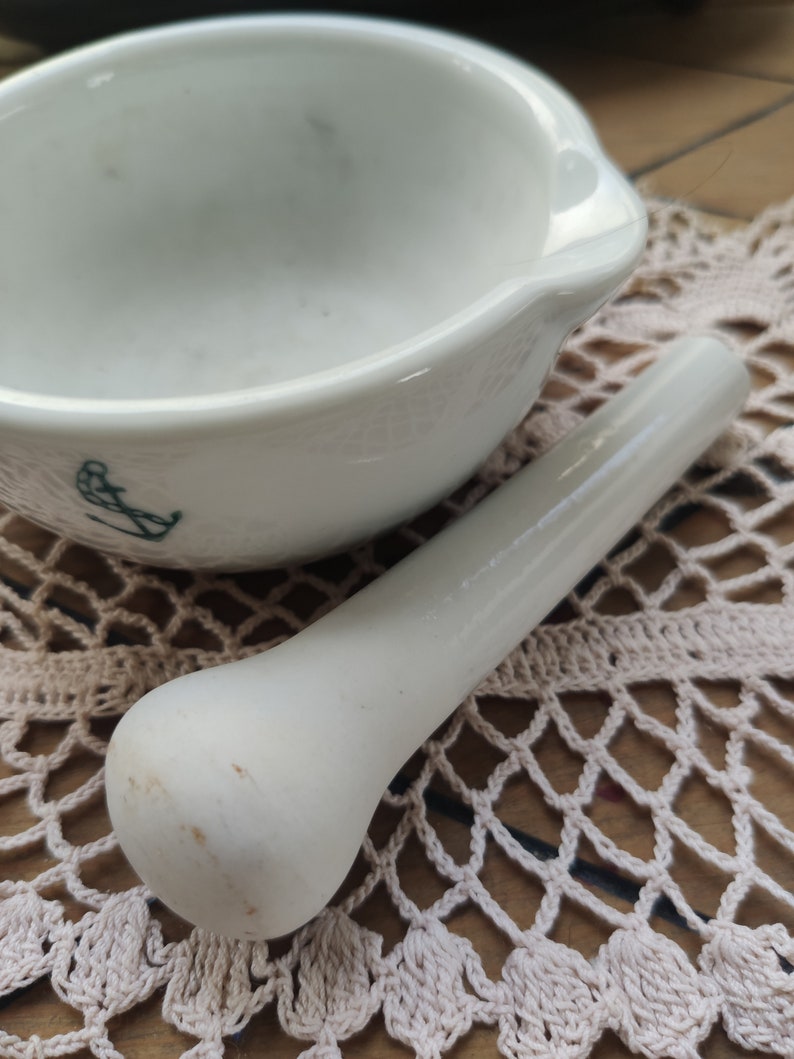 Vintage White Ceramic Pestle and Mortar With Green Anchor Design - Etsy
