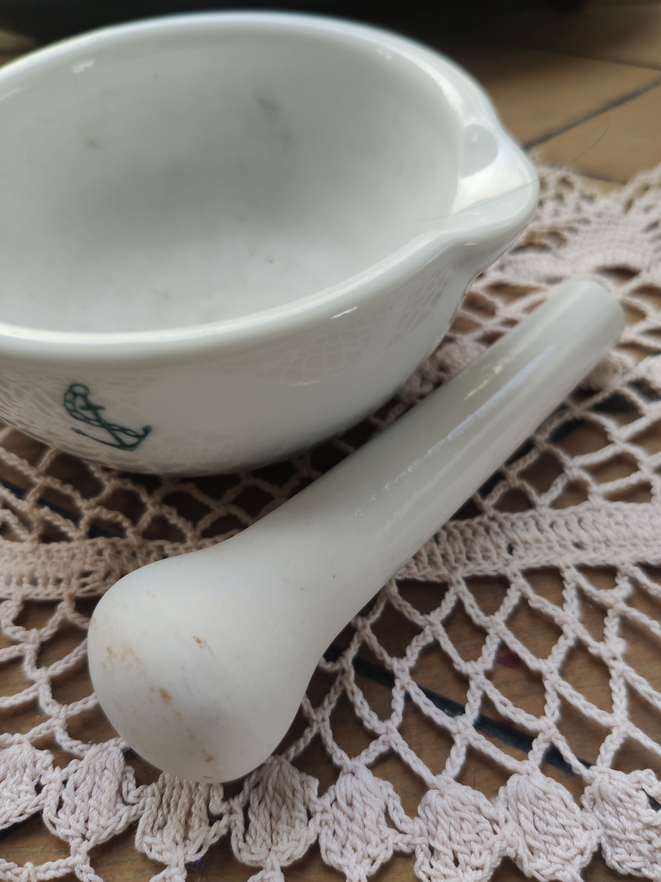Vintage White Ceramic Pestle and Mortar With Green Anchor Design - Etsy