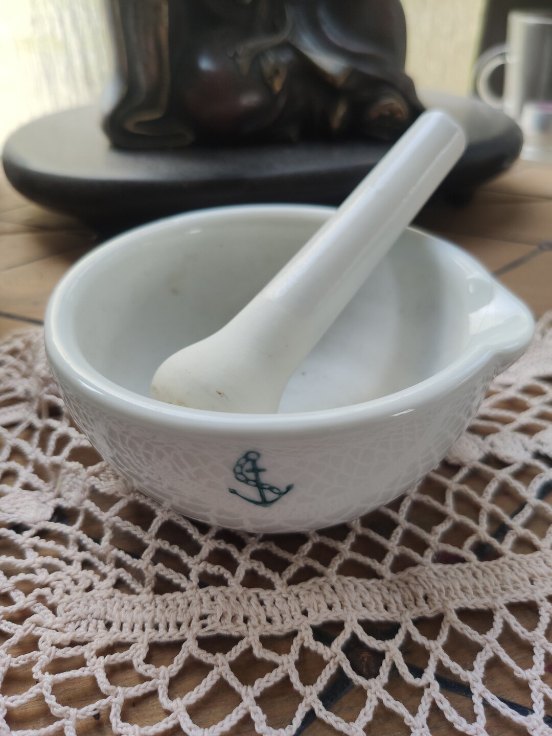 Vintage White Ceramic Pestle and Mortar With Green Anchor Design - Etsy
