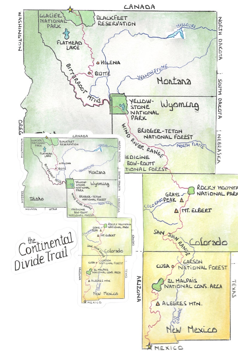 Continental Divide Trail Map Sticker | CDT Trail Map | Watercolor ...