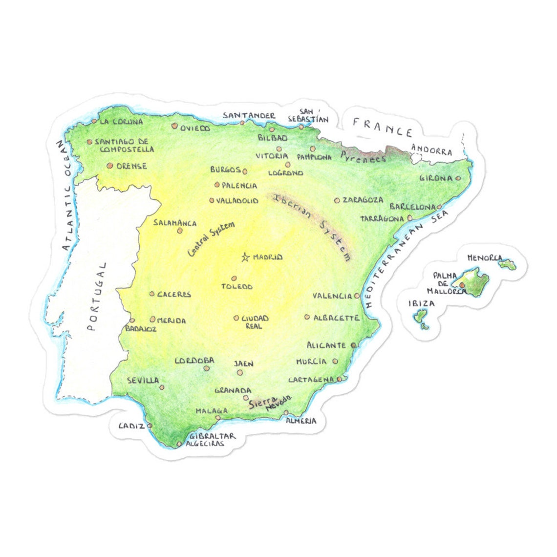 Map of Spain Sticker | Hand Drawn Map | Painting Spain Espagne España ...