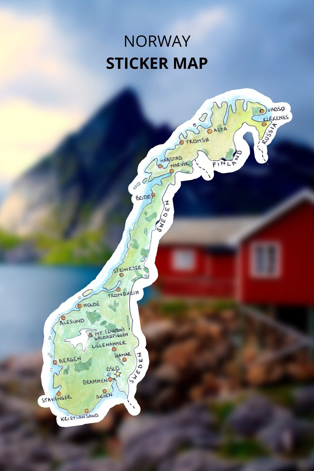 Map of Norway Sticker | Watercolor Map | Painting Norway | Vinyl Glossy ...