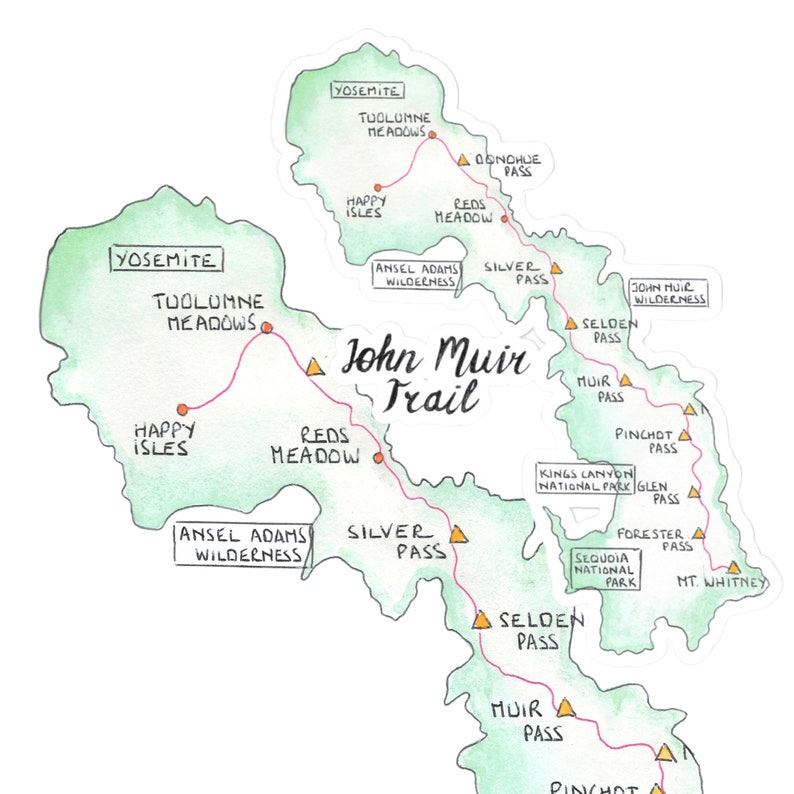 John Muir Trail Map | JMT Sticker | Gift for JMT Hiker | Hand Drawn Map ...