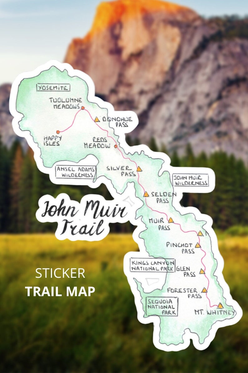 John Muir Trail Sticker | Hand-drawn Watercolor Map, JMT Hiker Gift - Etsy