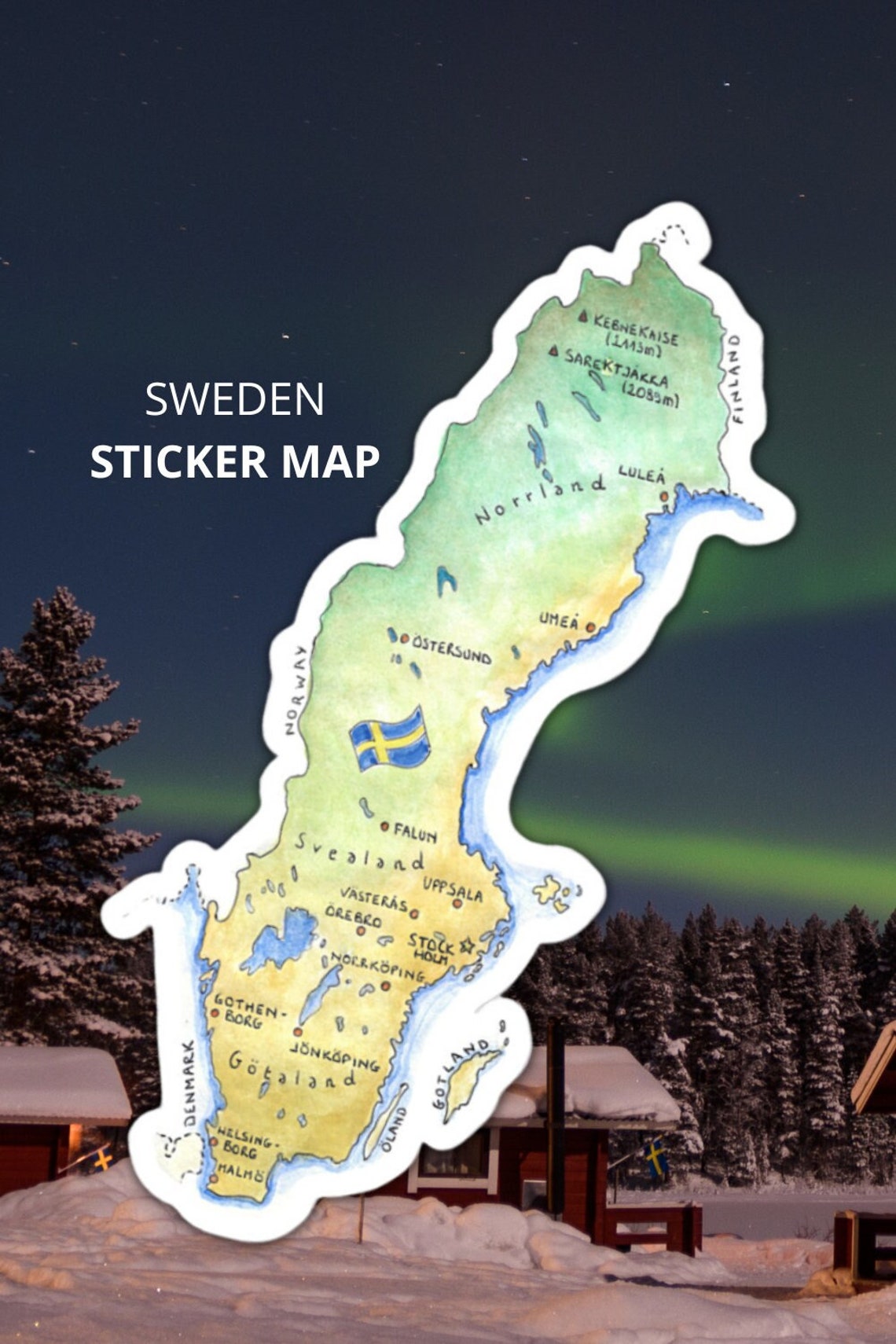 Map of Sweden Sticker | Watercolor Map | Painting Sweden | Vinyl Glossy ...