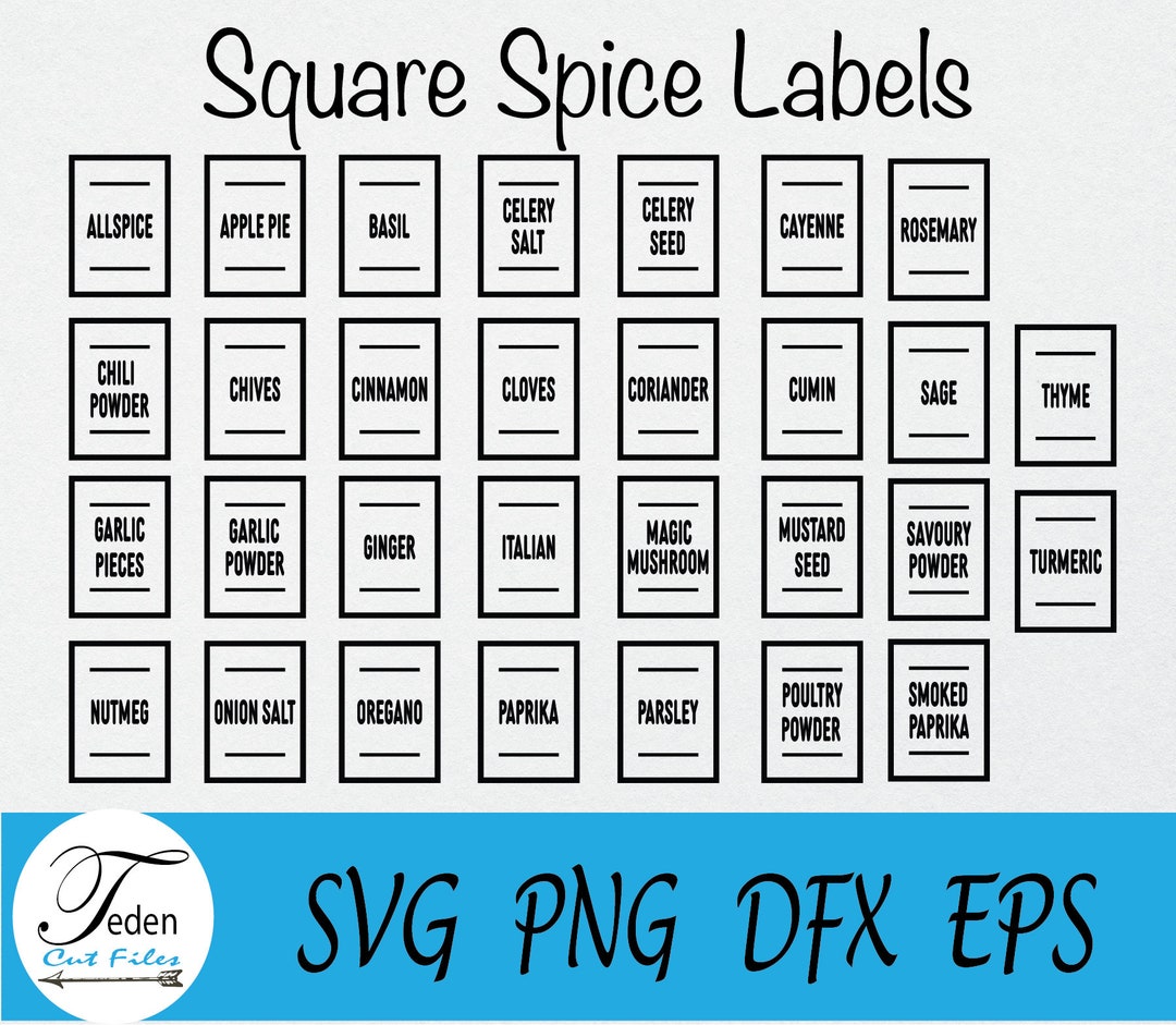 Square Spice Labels SVG Kitchen Organization SVG Spice Lid SVG Herb Jar ...