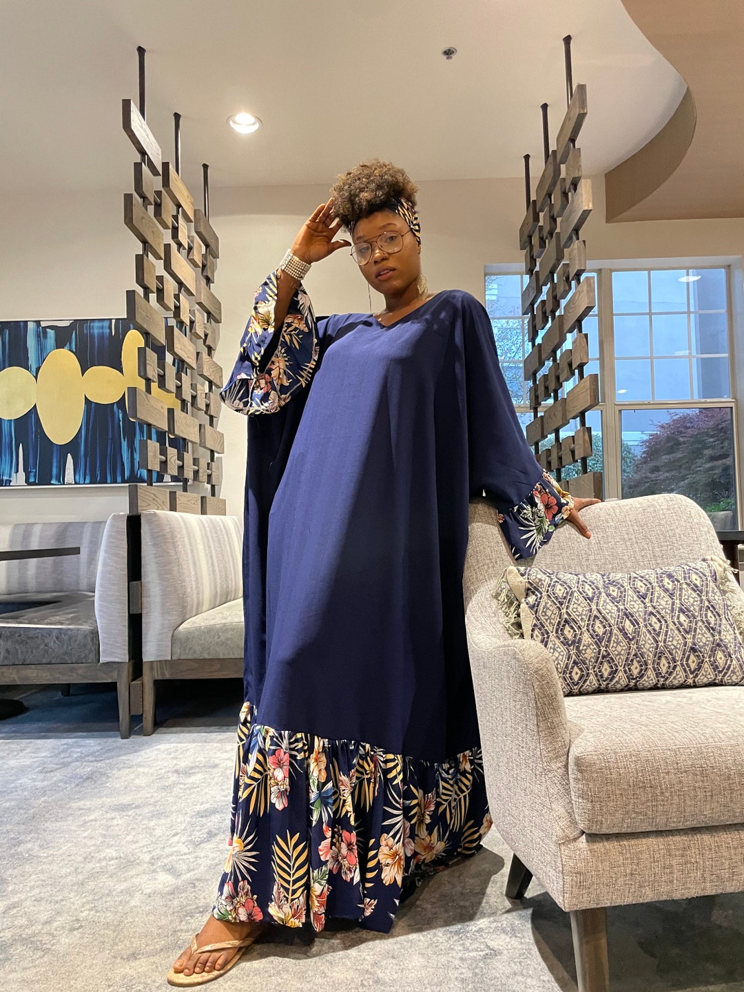 Maxi Kaftan With Belt/floral Mix Boubou/ Women’s Plus Size Bubu/long ...