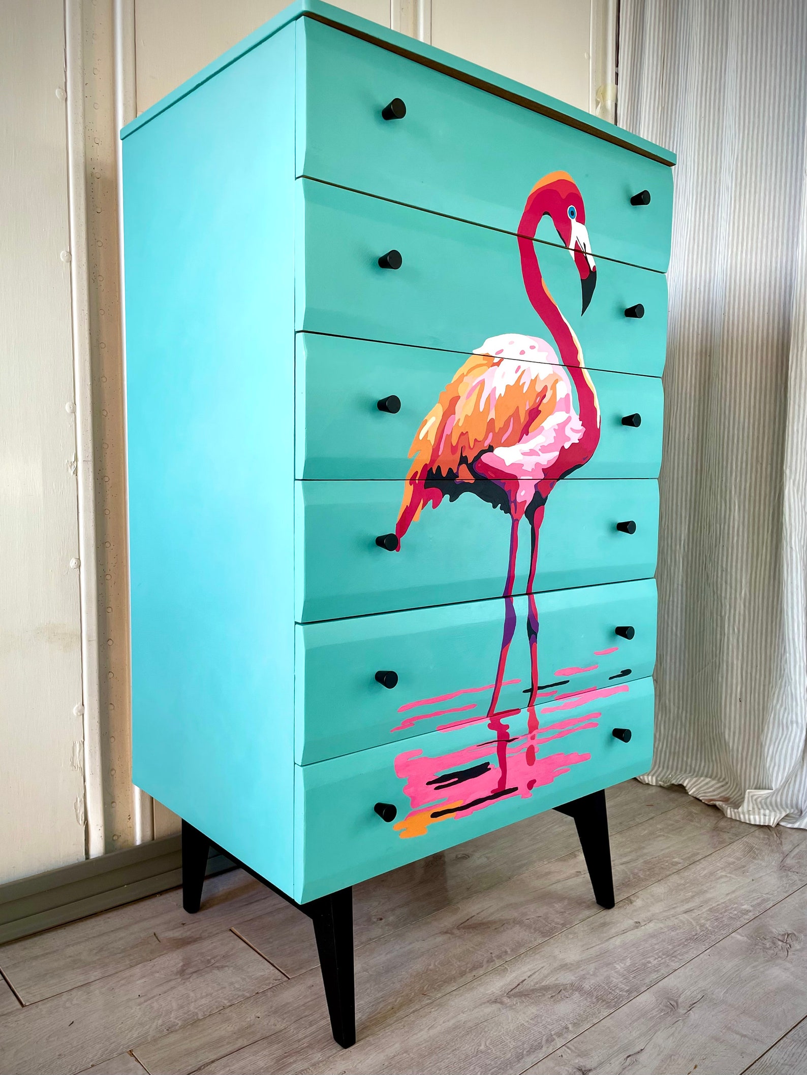 SOLD - Hand Painted Teal & Pink Flamingo Tall Chest of Drawers - Etsy UK