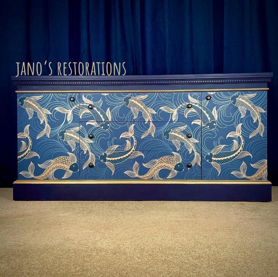 SOLD - Japanese Koi Fish Navy Blue & Gold Sideboard / Cabinet ...