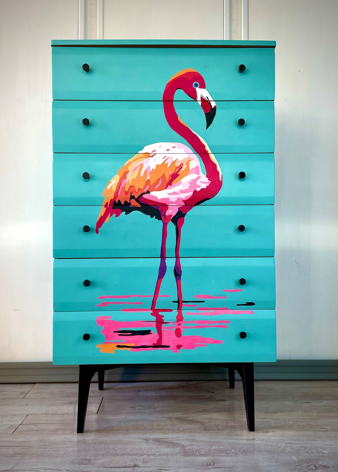 SOLD - Hand Painted Teal & Pink Flamingo Tall Chest of Drawers - Etsy UK