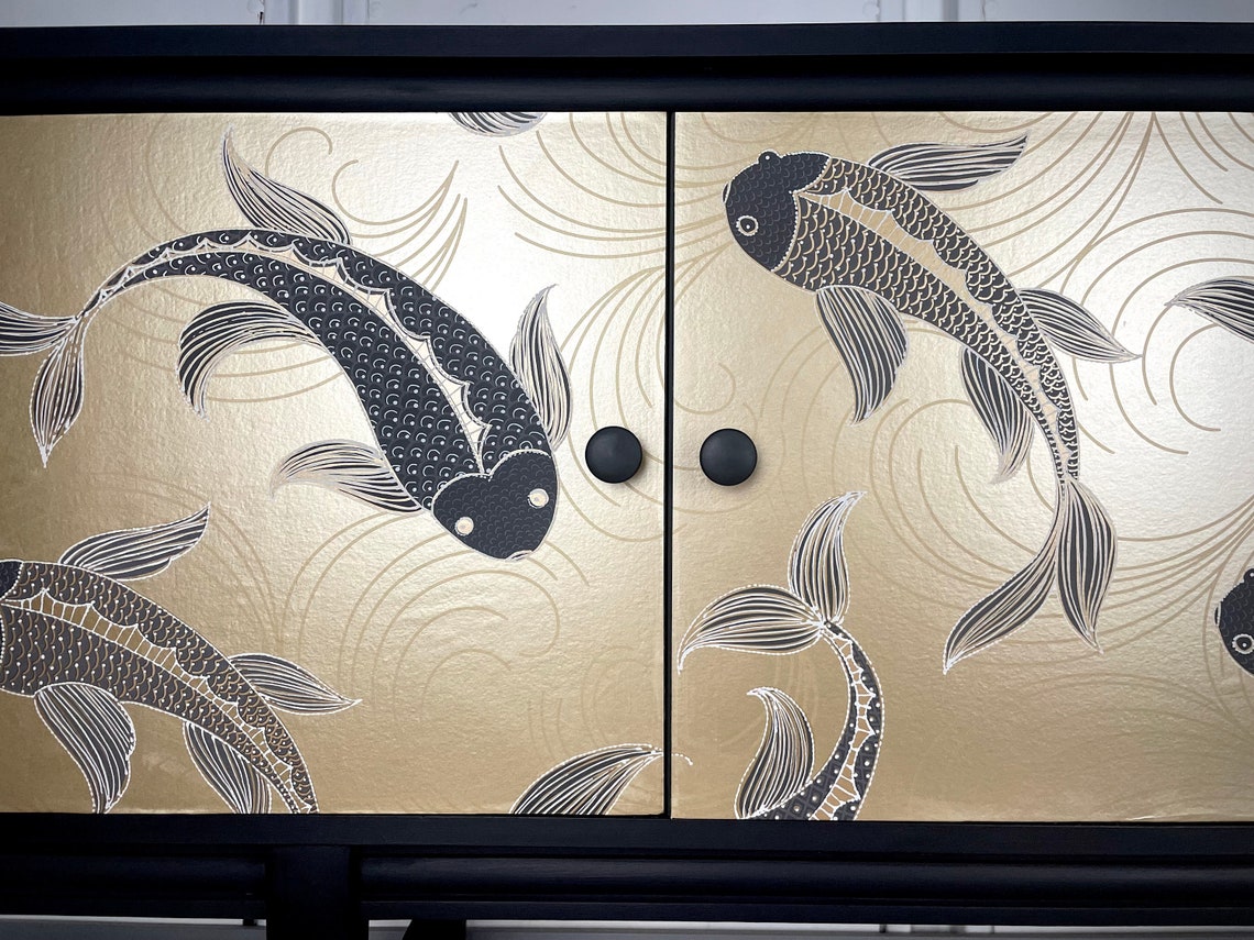 SOLD - Black & Gold Koi Carp Fish Sideboard / Cabinet - Etsy UK