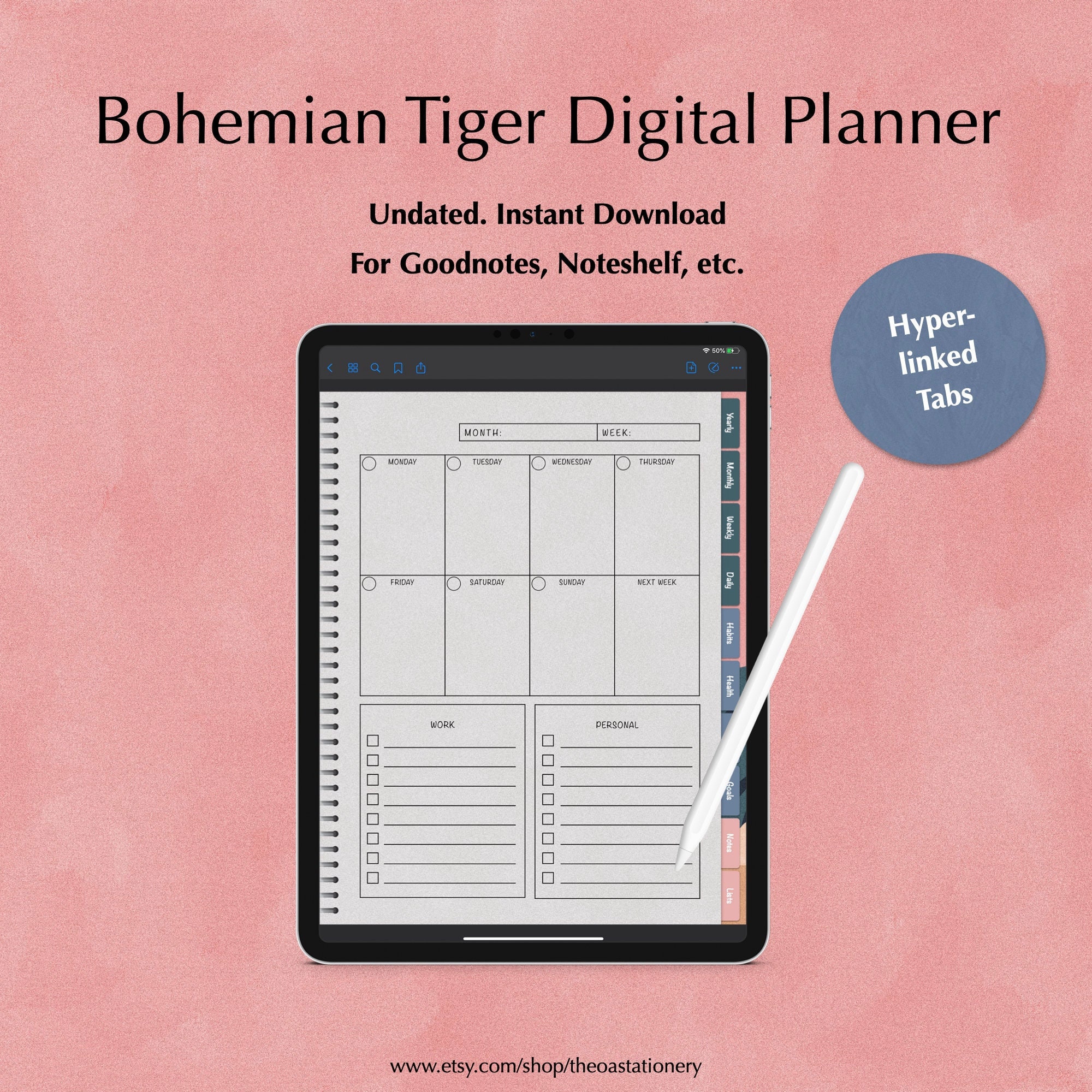 Undated Digital Planner | Bohemian Tiger Digital Planner| Instant ...