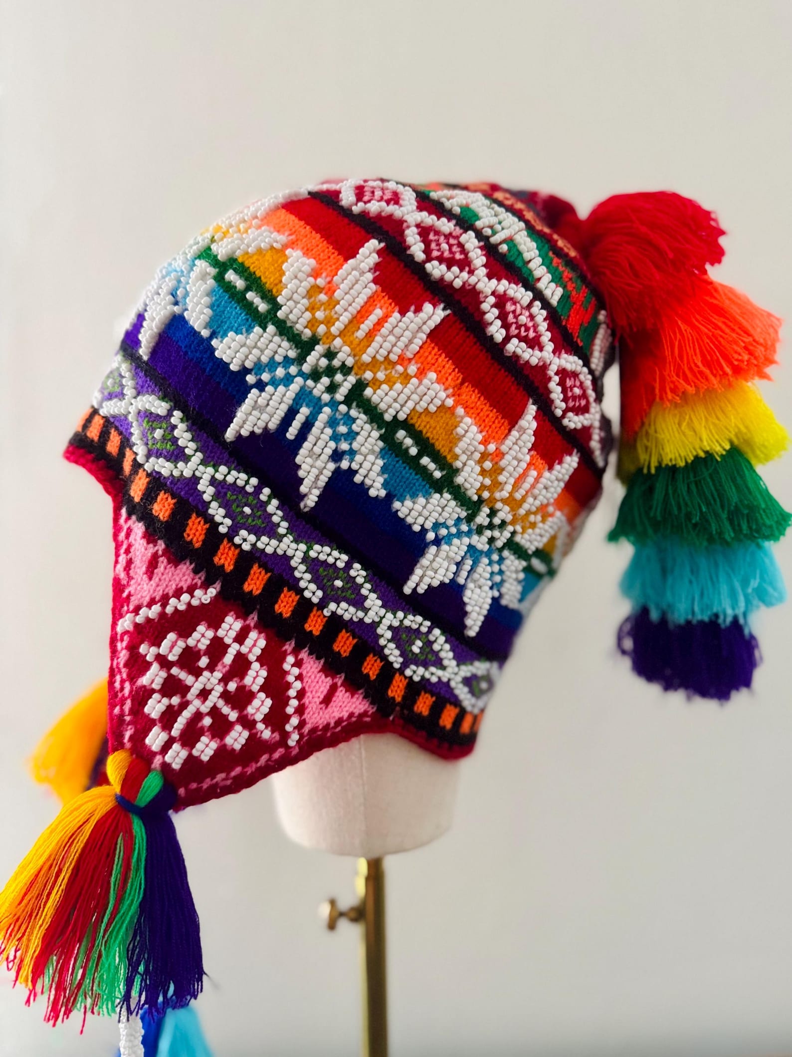 Genuine Peruvian Hat | Peruvian Chullo With Beads Pom Pom | Colorful ...
