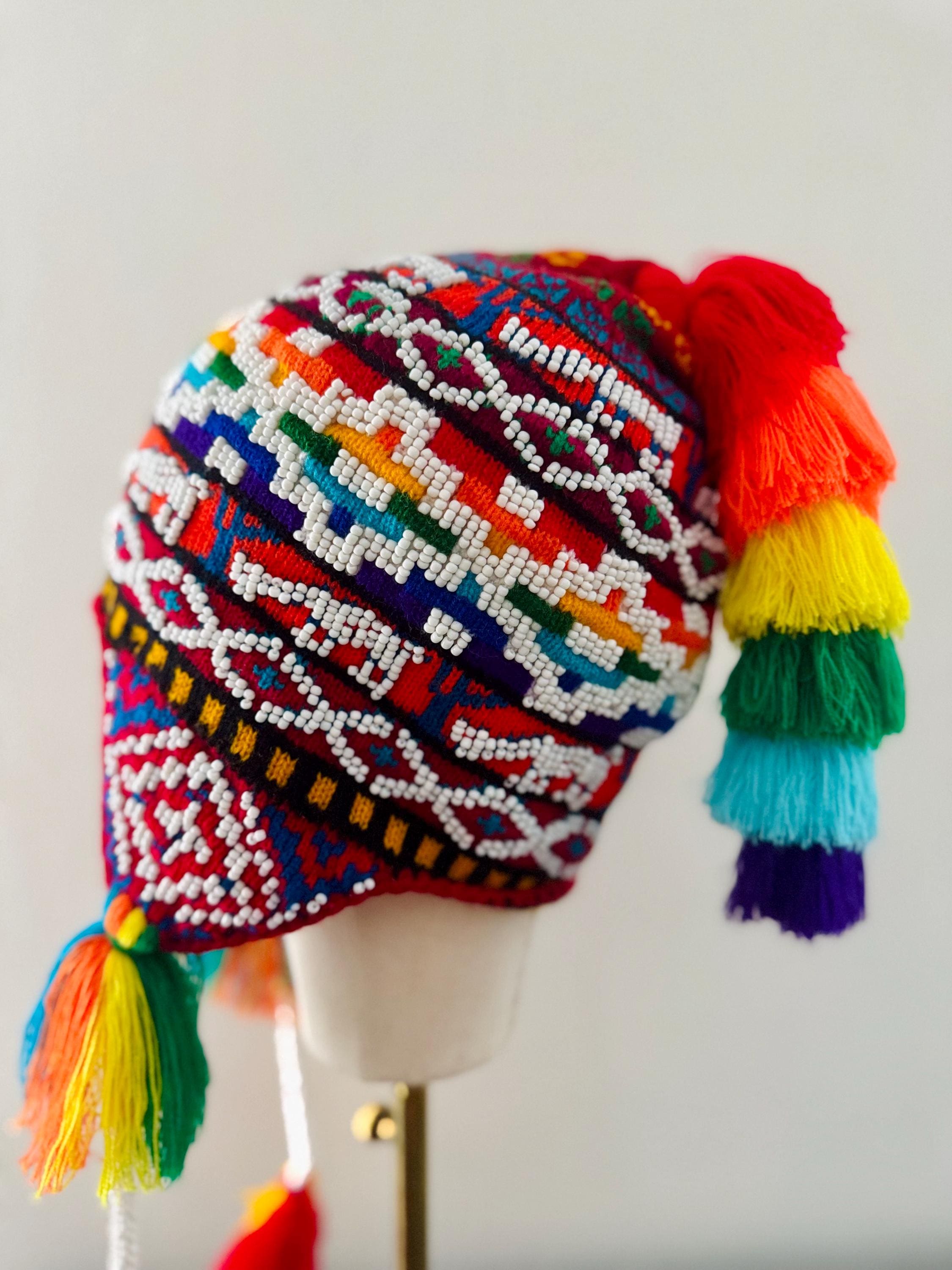 Genuine Peruvian Hat | Peruvian Chullo With Beads Pom Pom | Colorful ...