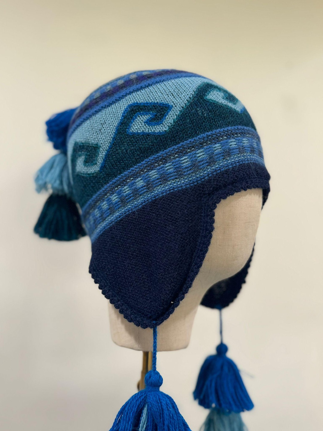 Premium Intarsia Baby Alpaca Chullo Blue - Soft, Warm Winter Hat With ...