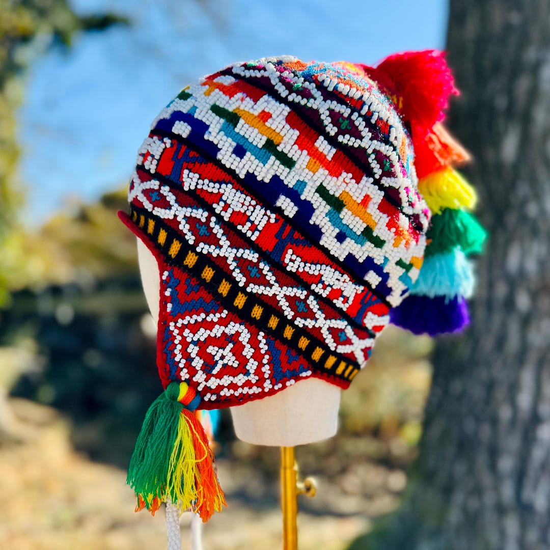 Iconic Andean Chullo Peruvian Inca Chullo With Beads Pom Pom Colorful ...