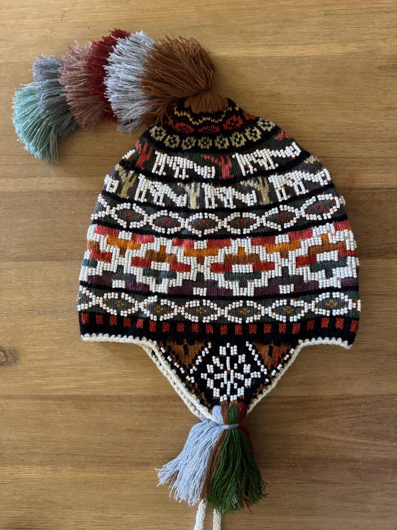 Genuine Peruvian Hat | Peruvian Chullo With Beads Pom Pom | Colorful Unisex Wool Earflaps Chullo ...