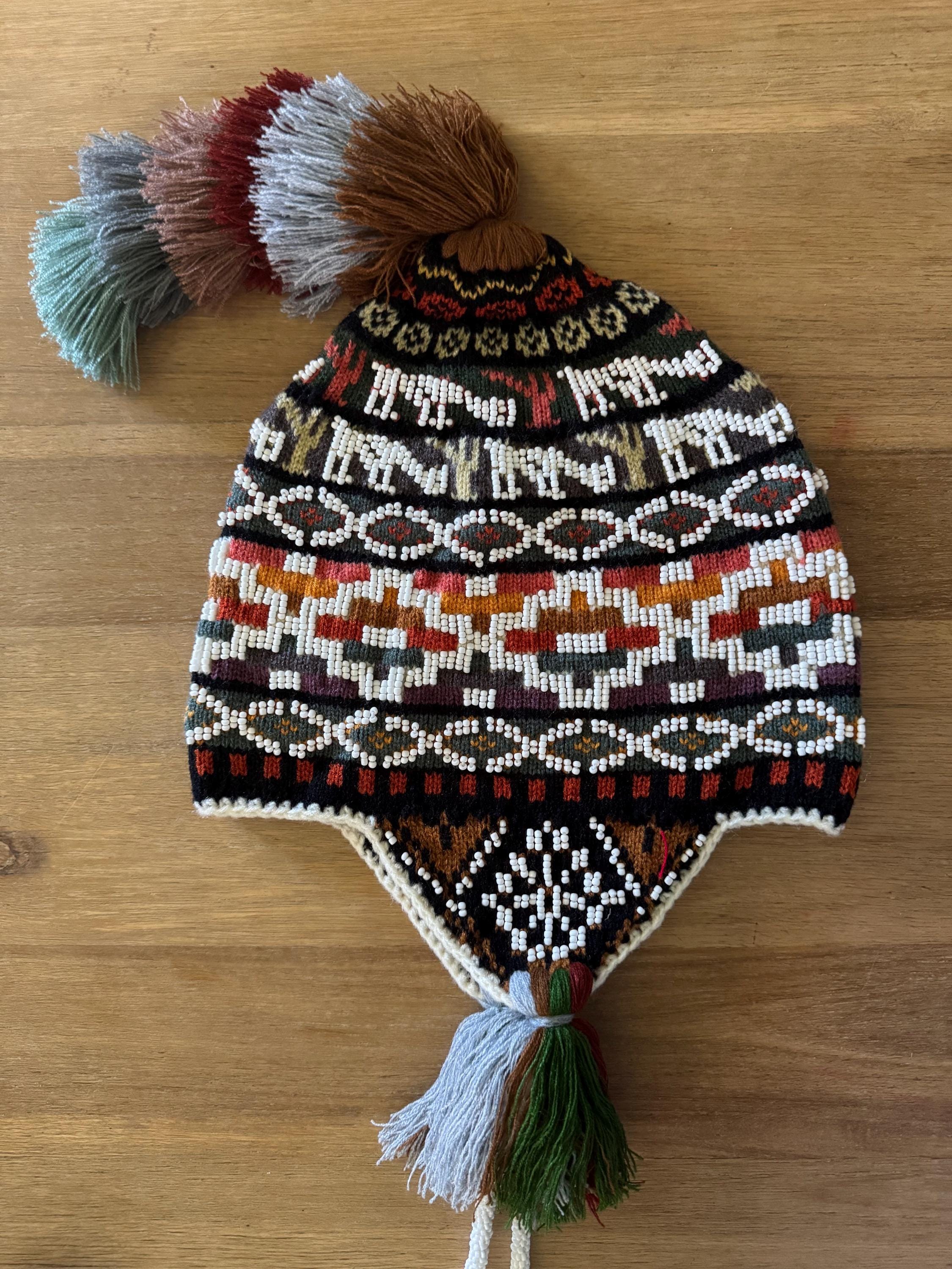 Genuine Peruvian Hat | Peruvian Chullo With Beads Pom Pom | Colorful ...