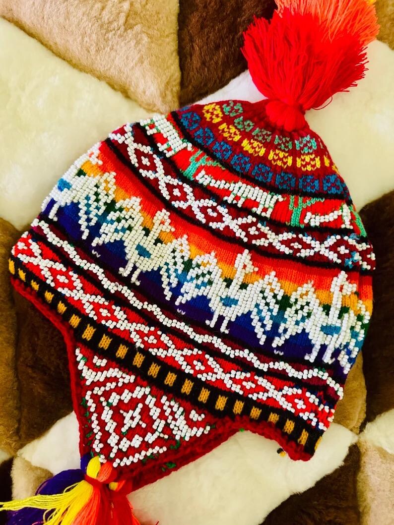 Genuine Peruvian Hat | Peruvian Chullo With Beads Pom Pom | Colorful Unisex Wool Earflaps Chullo ...