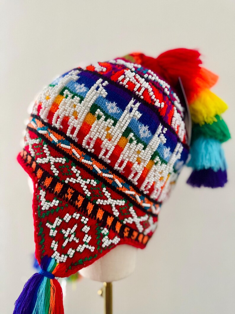 Genuine Peruvian Hat | Peruvian Chullo With Beads Pom Pom | Colorful Unisex Wool Earflaps Chullo ...