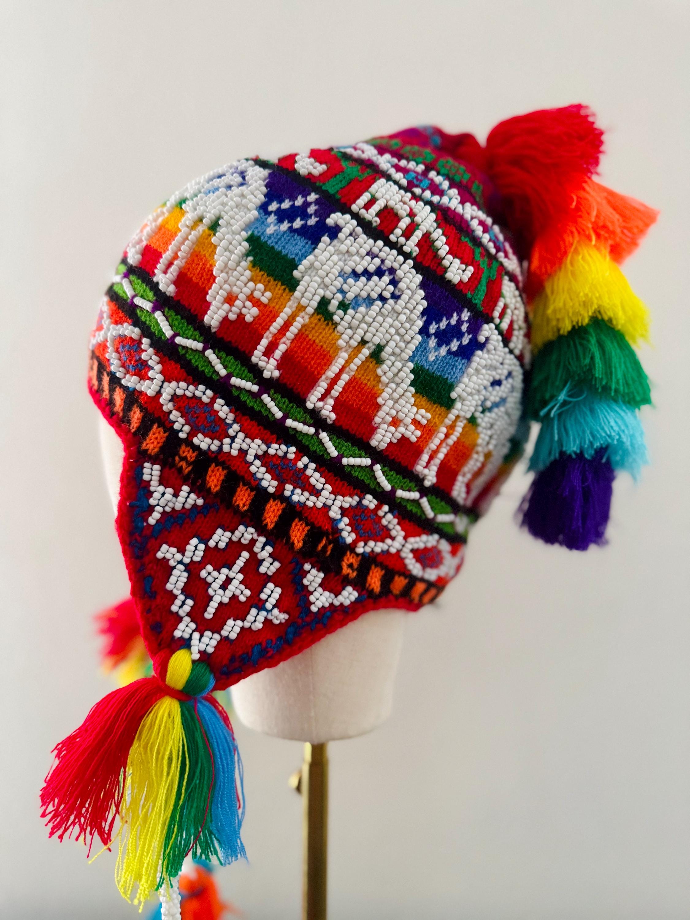 Genuine Peruvian Hat | Peruvian Chullo With Beads Pom Pom | Colorful ...