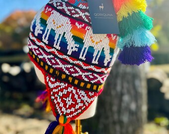 Genuine Peruvian Hat Peruvian Chullo With Beads Pom Pom Colorful Unisex ...