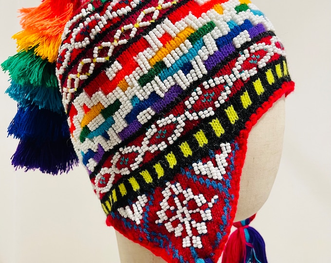 Genuine Peruvian Hat Peruvian Chullo With Beads Pom Pom Colorful Unisex ...