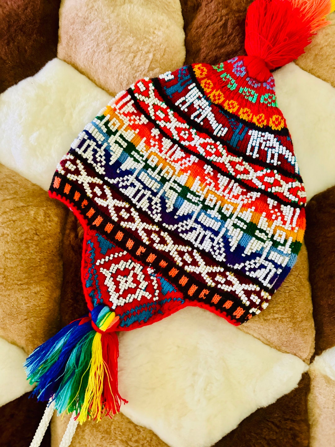 Genuine Peruvian Hat Peruvian Chullo With Beads Pom Pom Colorful Unisex ...