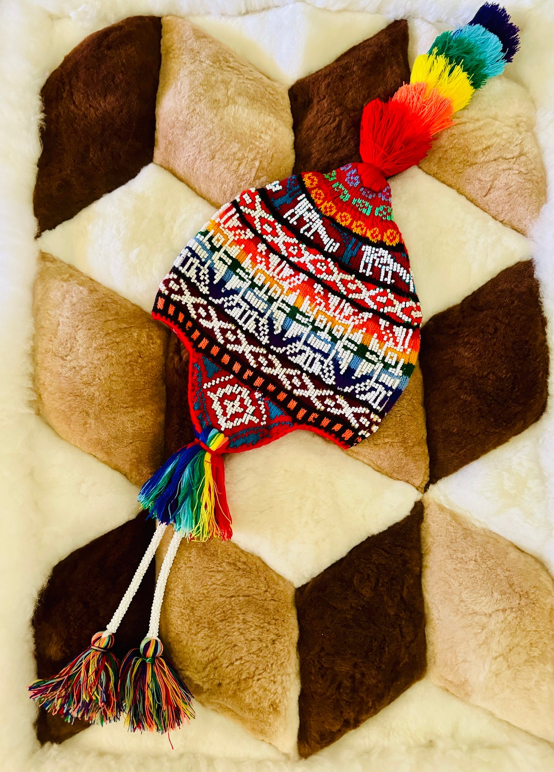 Genuine Peruvian Hat Peruvian Chullo With Beads Pom Pom Colorful Unisex ...