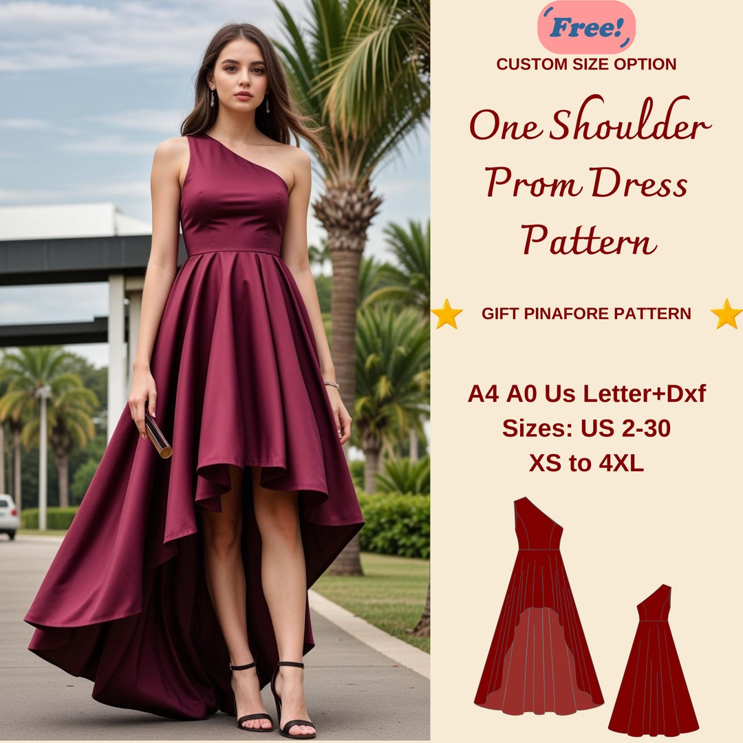 One Shoulder Prom Dress Sewing Pattern: High Low Ball Gown (XS-4XL ...