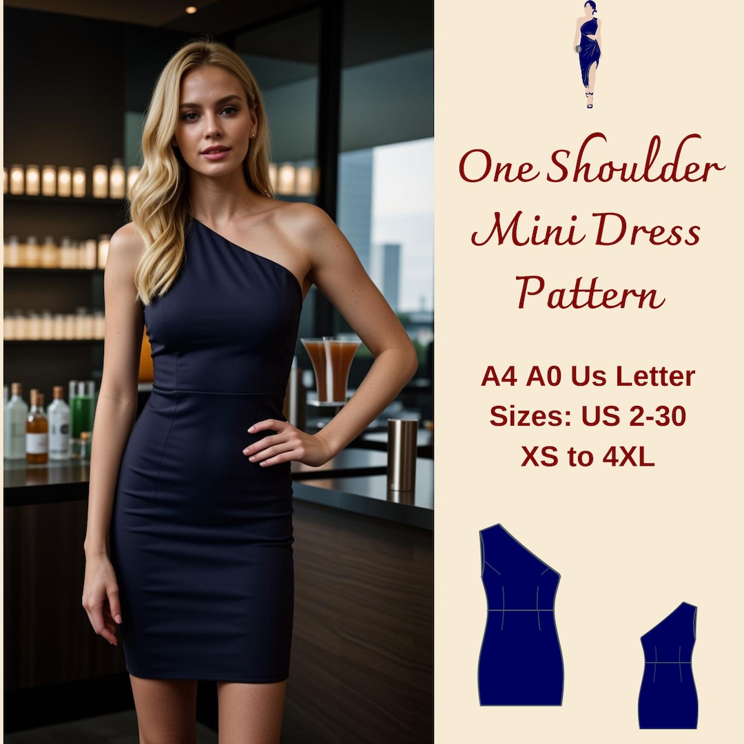 One Shoulder Mini Dress Sewing Pattern: Bodycon Style (XS-4XL) (PDF ...