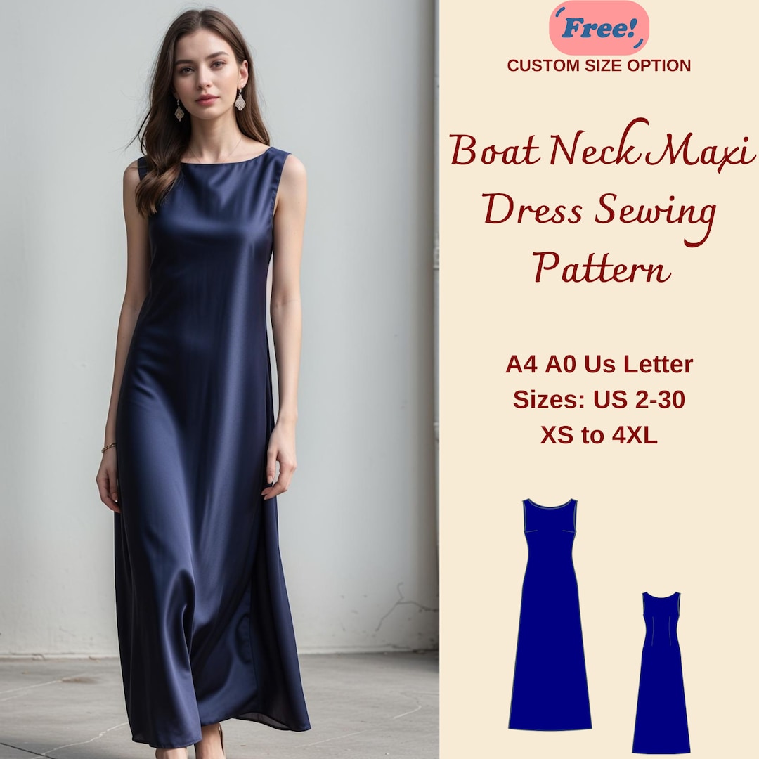 Boat Neck Maxi Dress Sewing Pattern, O-neck Dress Pattern, A Line ...