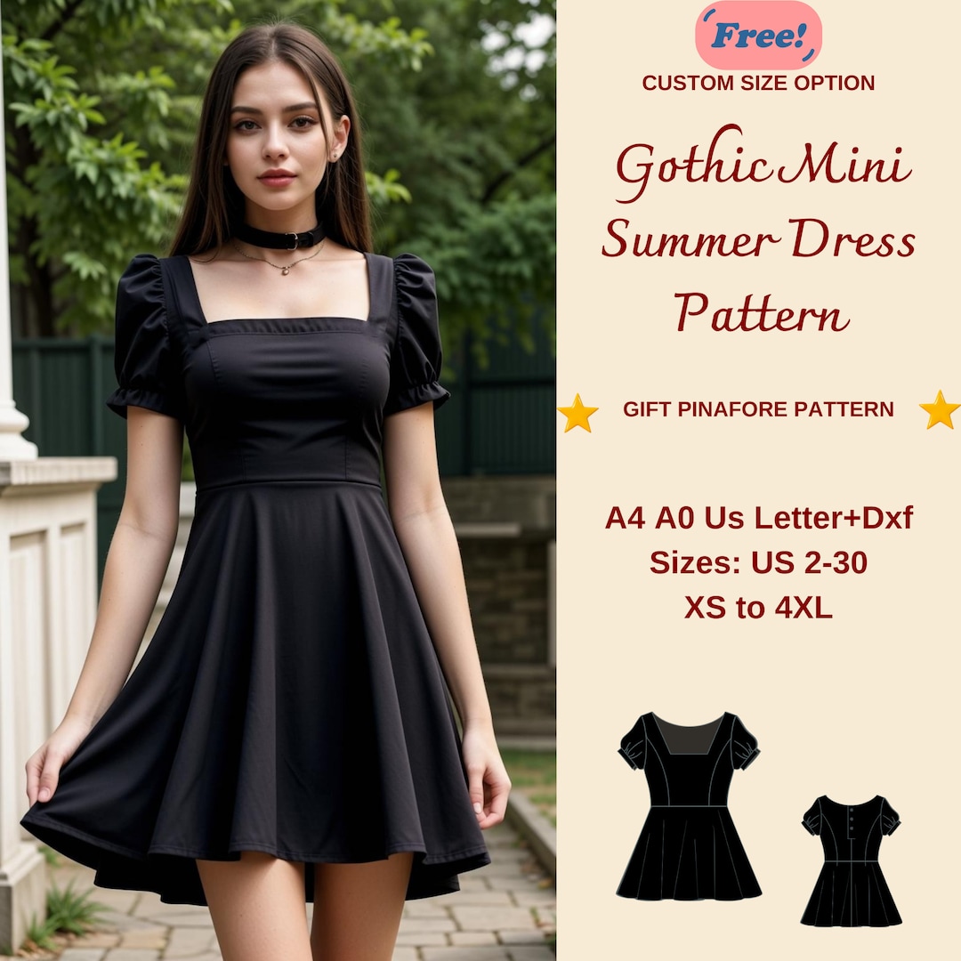Gothic Mini Summer Dress Sewing Pattern, Puff Sleeve Dress, Witch Dress ...