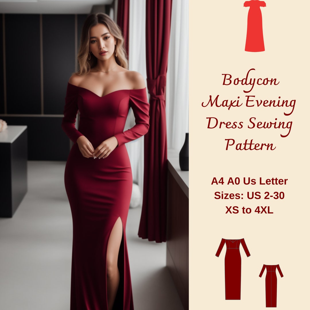 Bodycon Maxi Evening Dress Sewing Pattern: Off-shoulder, XS-4XL (PDF ...