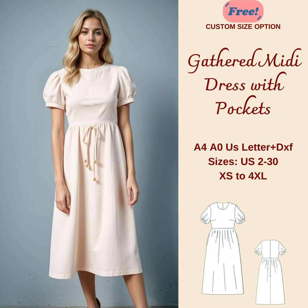 Linen Midi Summer Dress Sewing Pattern, Gathered Dress, Puff Sleeve ...