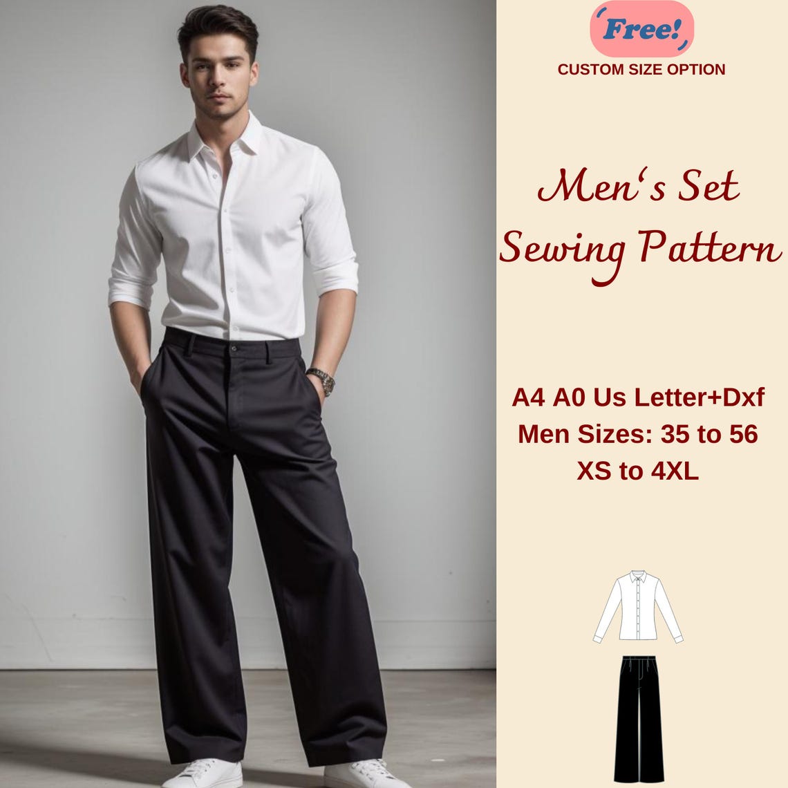 Men's Wide Leg Pants and Slim Fit Shirt Set Sewing Pattern, Classic ...