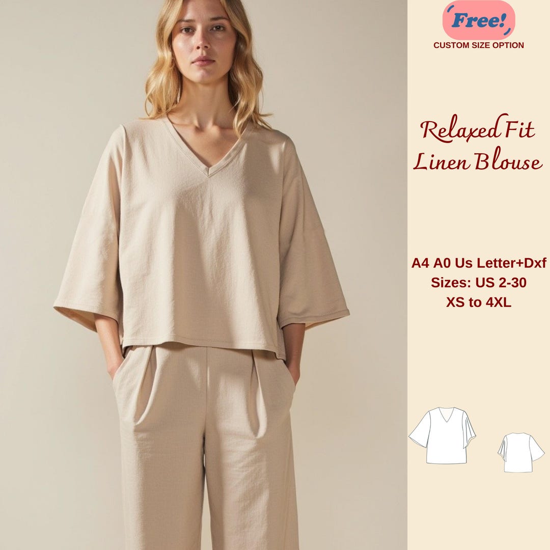 Linen Bell Sleeve Top Sewing Pattern: Relaxed Fit Boho Blouse (PDF ...