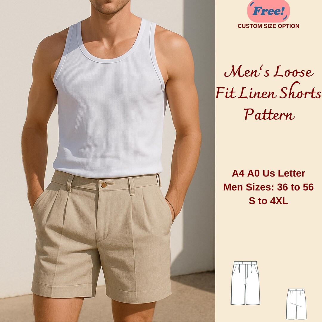 Men's Linen Shorts Sewing Pattern, Loose Fit Shorts for Men, Men's ...