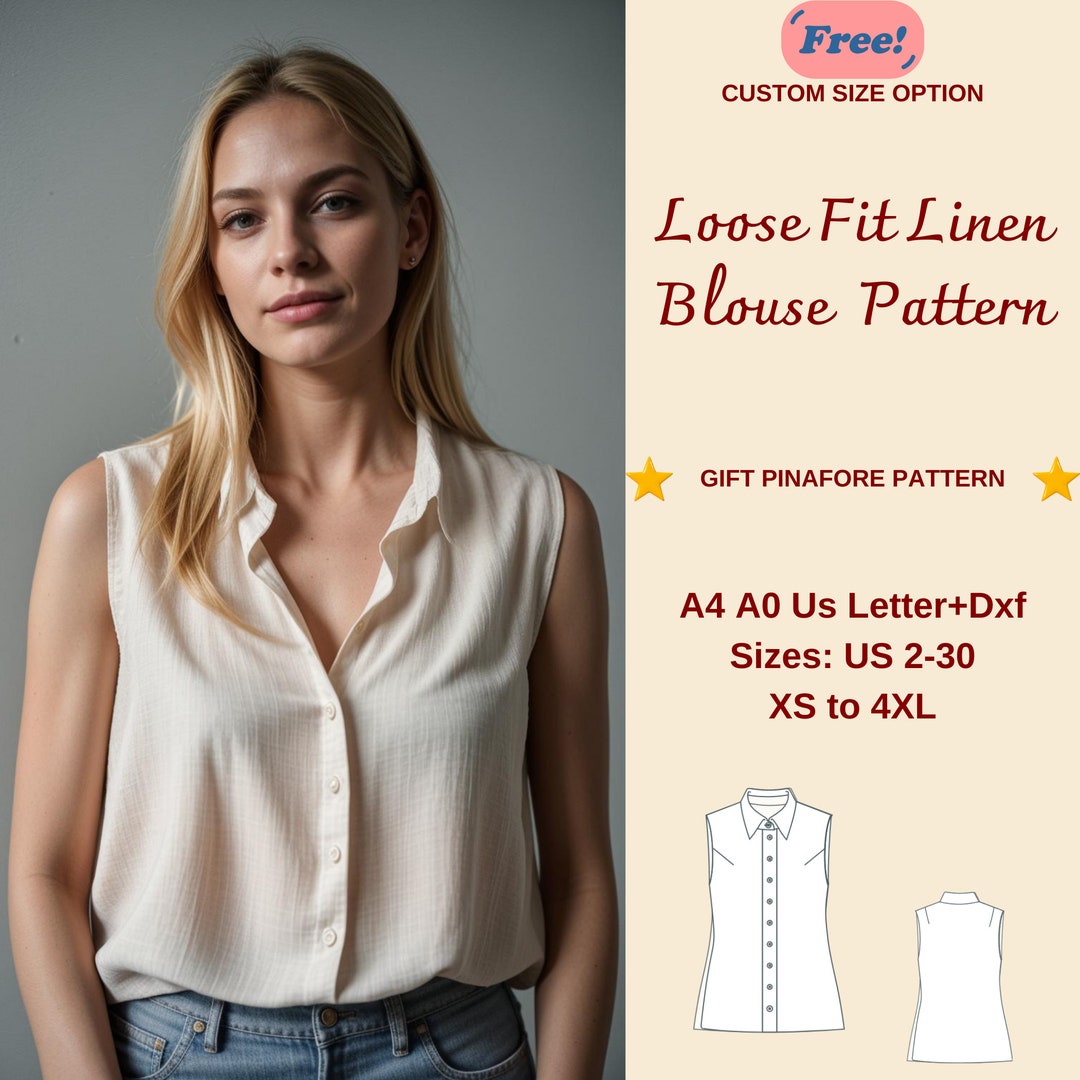 Loose Fit Sleeveless Linen Shirt Sewing Pattern, Boho Linen Blouse ...