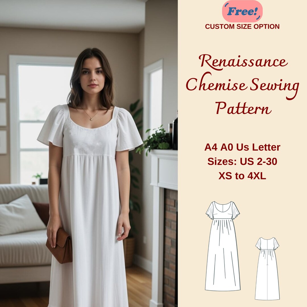 Renaissance Maxi Chemise Sewing Pattern, Gathered Maxi Cottagecore ...