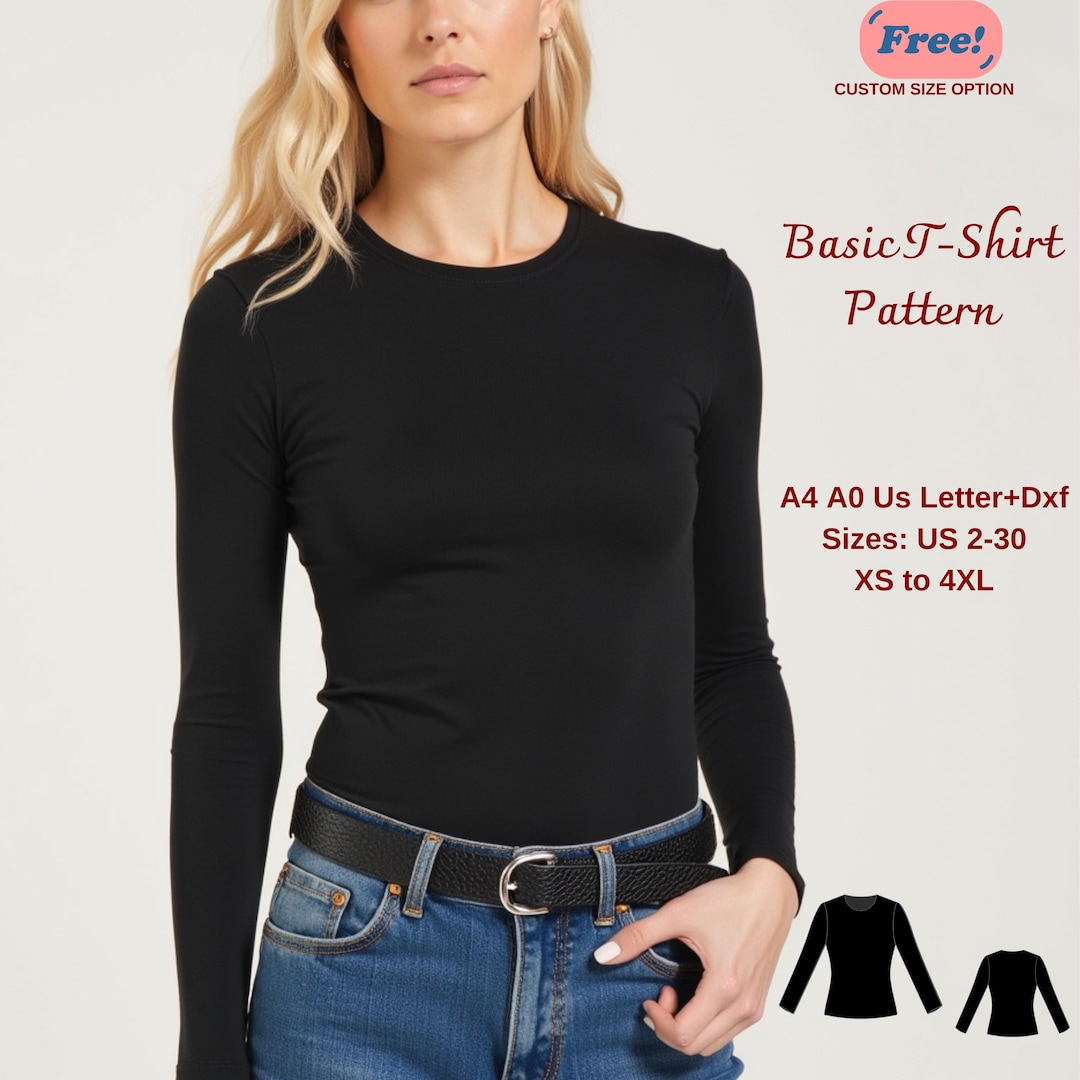 Long Sleeve Simple T-shirt Sewing Pattern, Fitted Stretch Top, Basic T ...