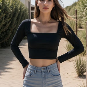 Square Neck Crop Top Sewing Pattern, Simple Crop Top, Long Sleeve Crop ...