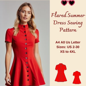 Button Down Flared Mini Dress Sewing Pattern, Stand up Collar, Mandarin ...