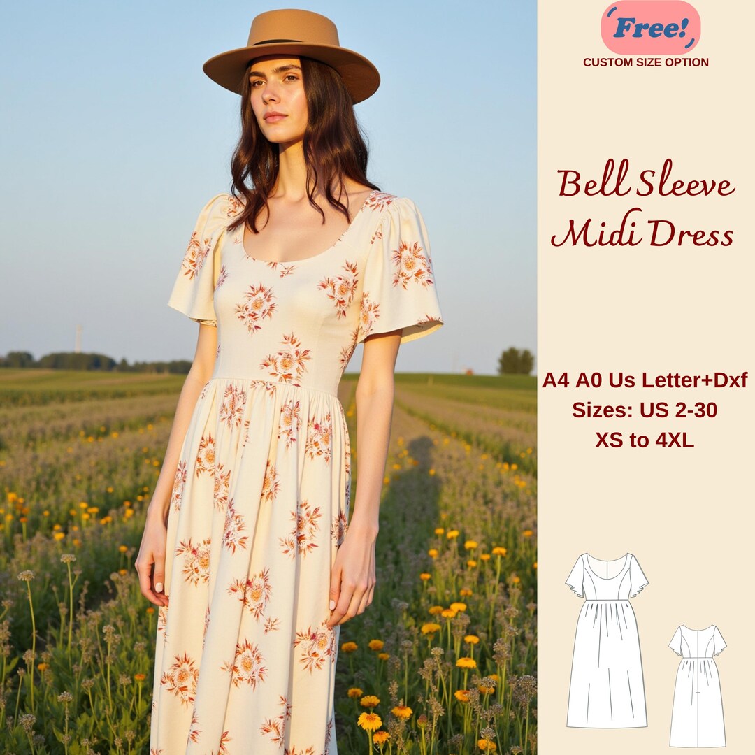 Cottagecore Midi Dress Sewing Pattern, Bell Sleeve Dress, Cottagecore ...