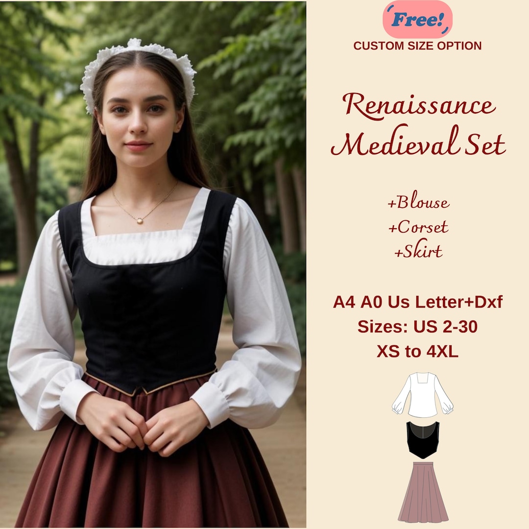 Renaissance Medieval Cosplay Dress Set Sewing Pattern, Renaissance Midi ...