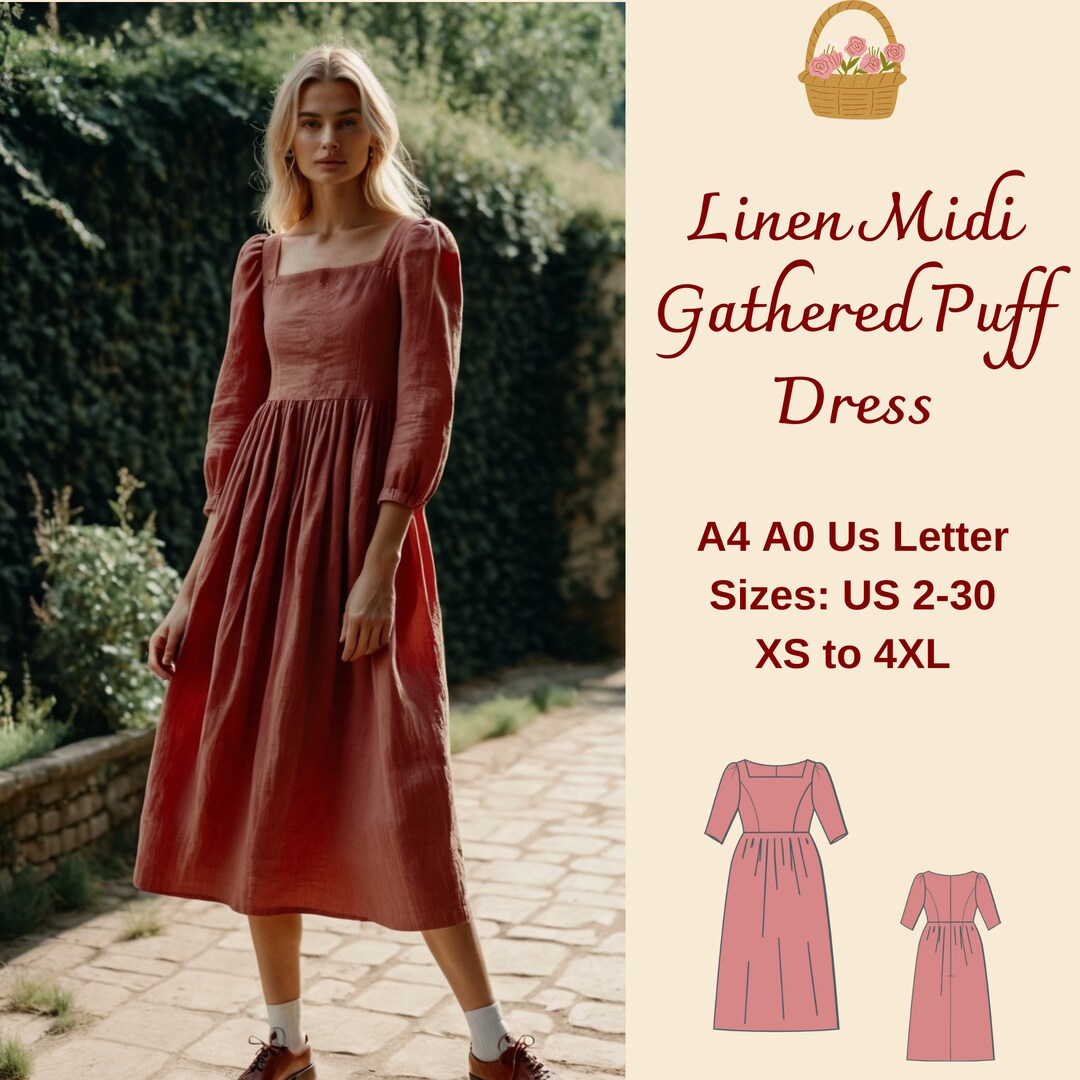 Cottagecore Gathered Midi Dress Sewing Pattern, Puff Sleeve Linen Midi ...