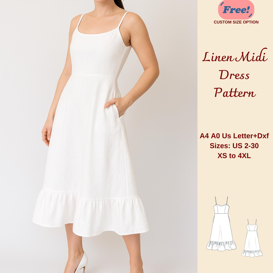 Linen Midi Ruffle Dress Sewing Pattern, XS-4XL (PDF Pattern) - Etsy